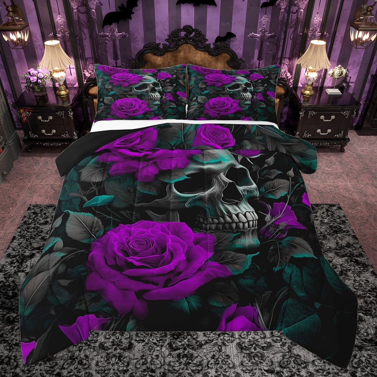 Homewish Purple Rose Floral Queen Comforter Set for Lover, Romantic ...