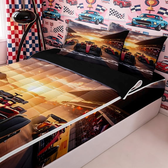 Homewish Racing Car Zipper Full Size Comforter Sets with Fitted Sheet ...
