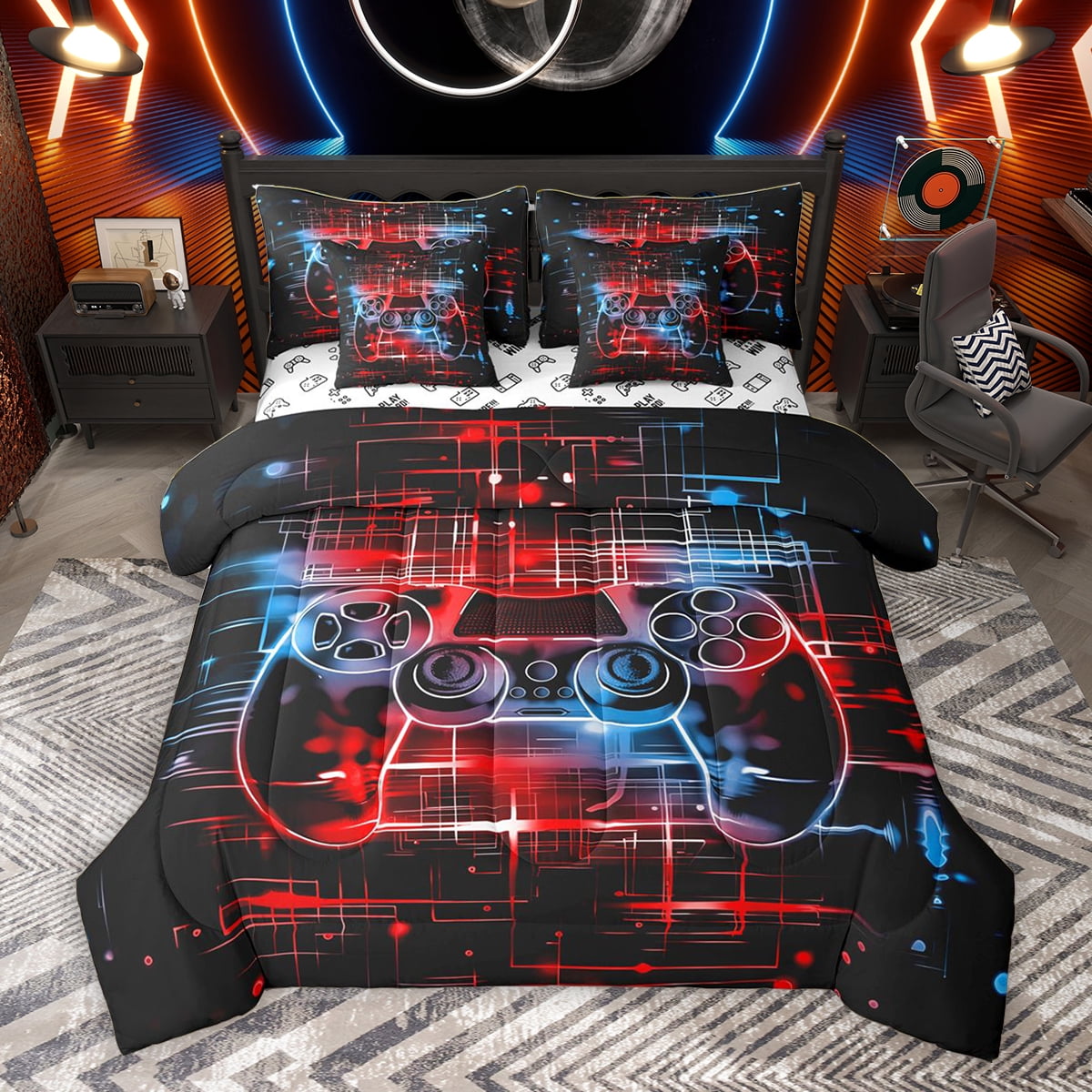 Homewish Red Blue Gamepad Bedding Comforter Set 7 Pieces, Neon Gradient ...