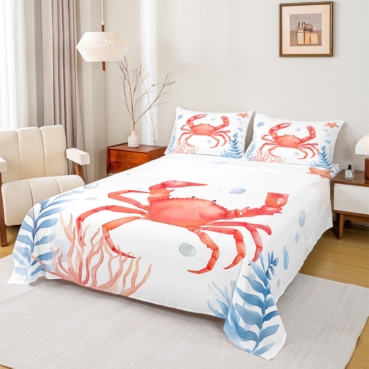 Homewish Red Crab Teen Bed Sheets, Cartoon Ocean Coral King Sheets ...