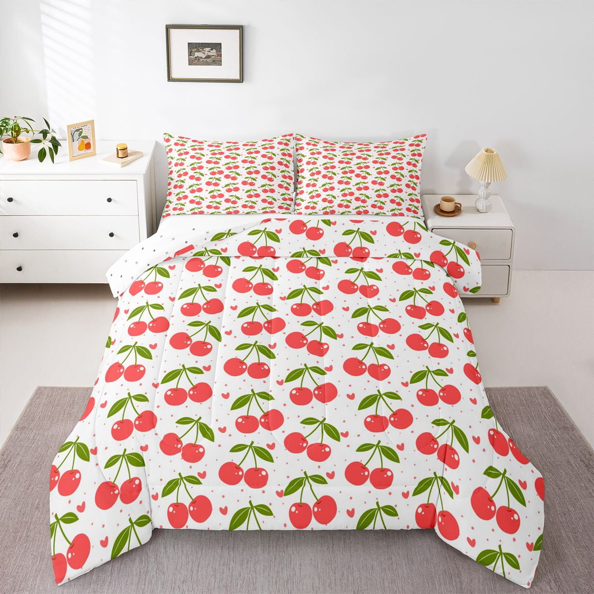 Homewish Red Fruit Cherry 3-Piece Full Size Comforter Sets For Children ...