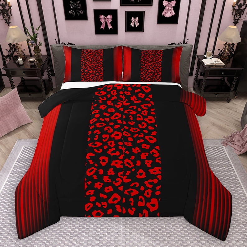 Homewish Red Leopard Print Queen Comforter Set for Female, Chic Stripe ...