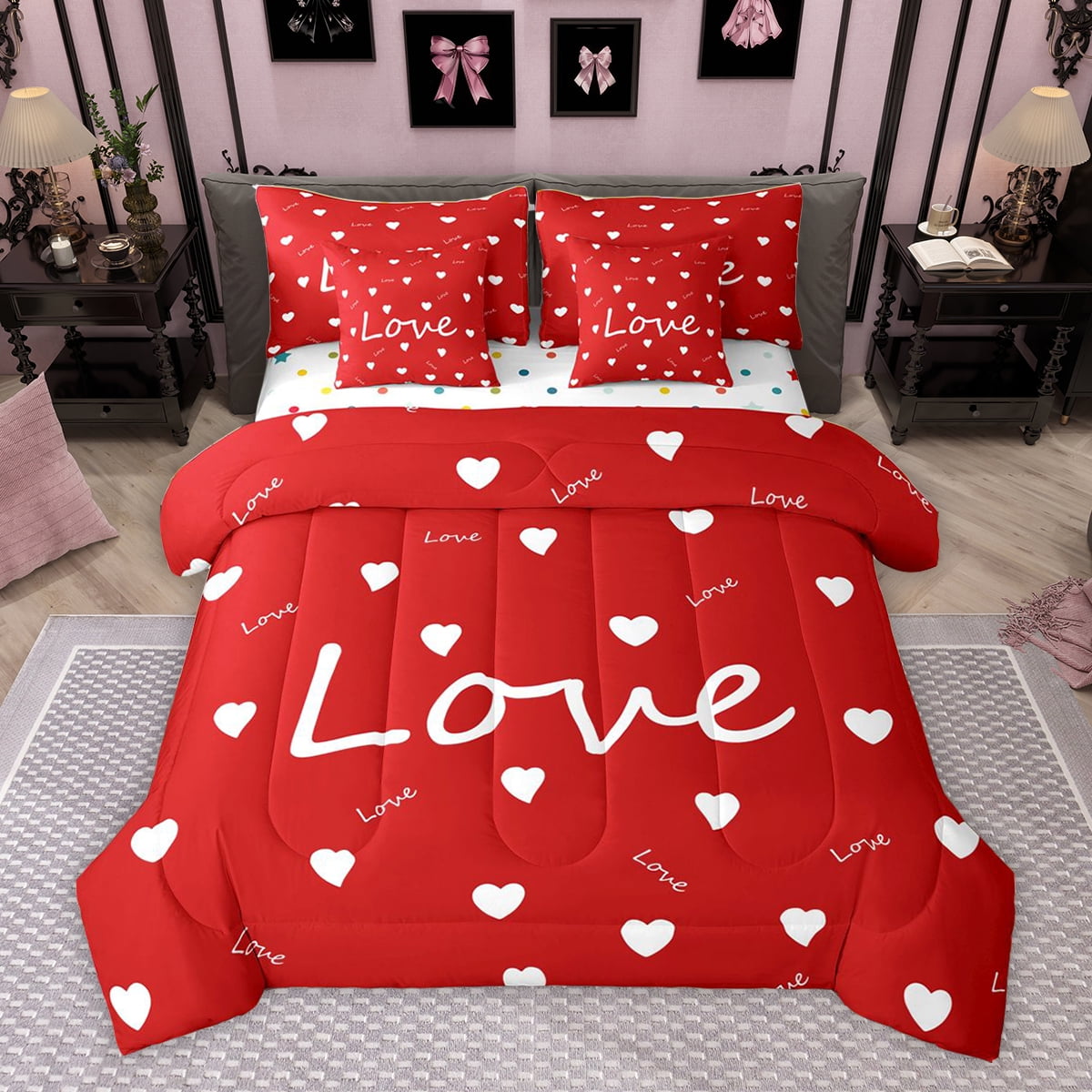 Homewish Red Love Heart Bedding Comforter Set 7 Pieces for Teens ...