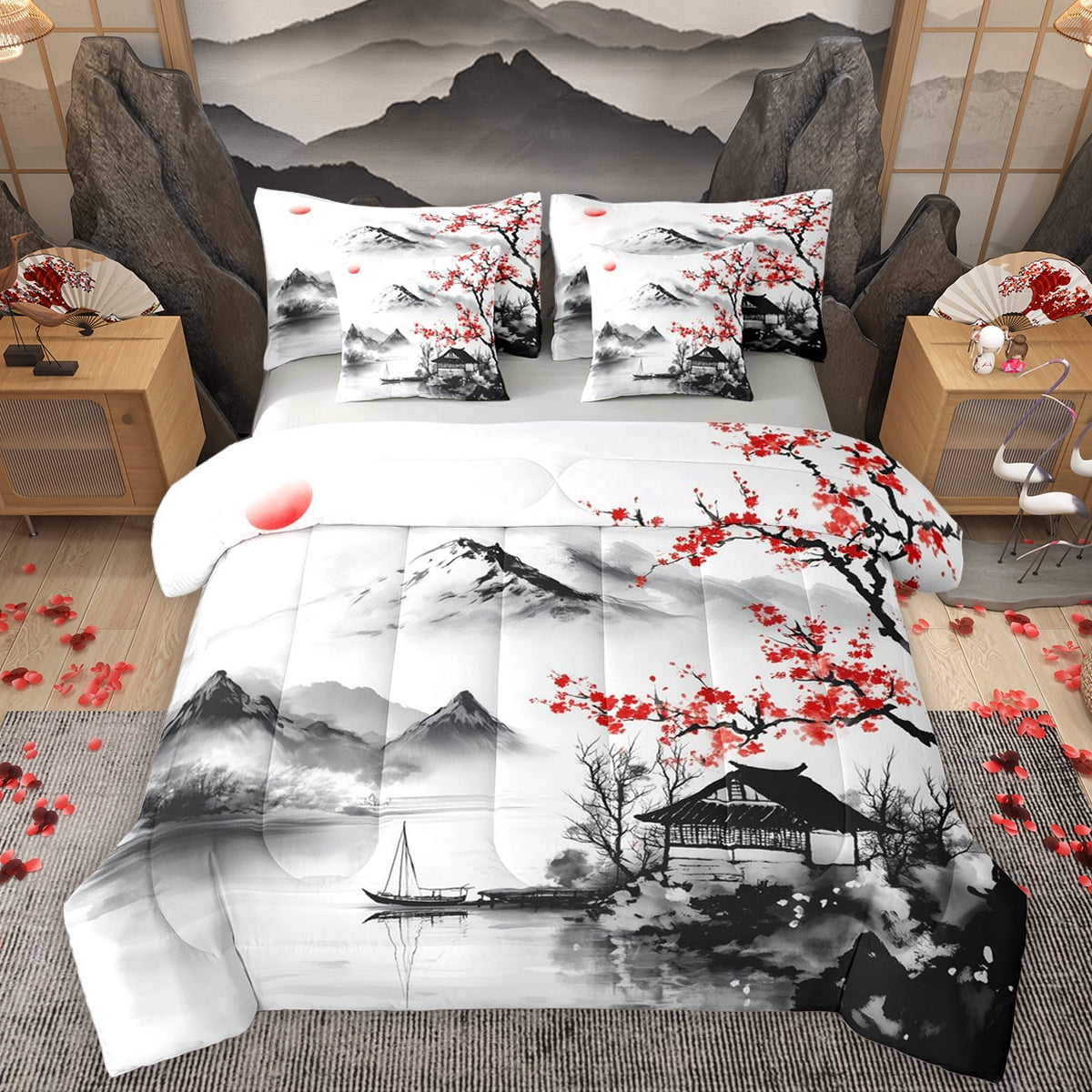Homewish Red Peach Blossom 7-Piece Twin Bedding Sets,Japanese Fuji ...