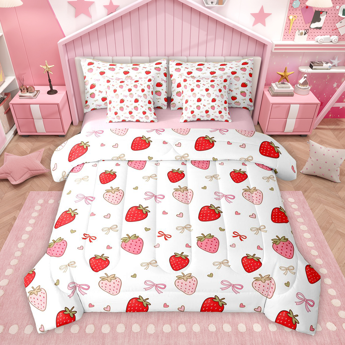 Homewish Red Pink Strawberry Bedding Comforter Set 7pcs for Girls ...