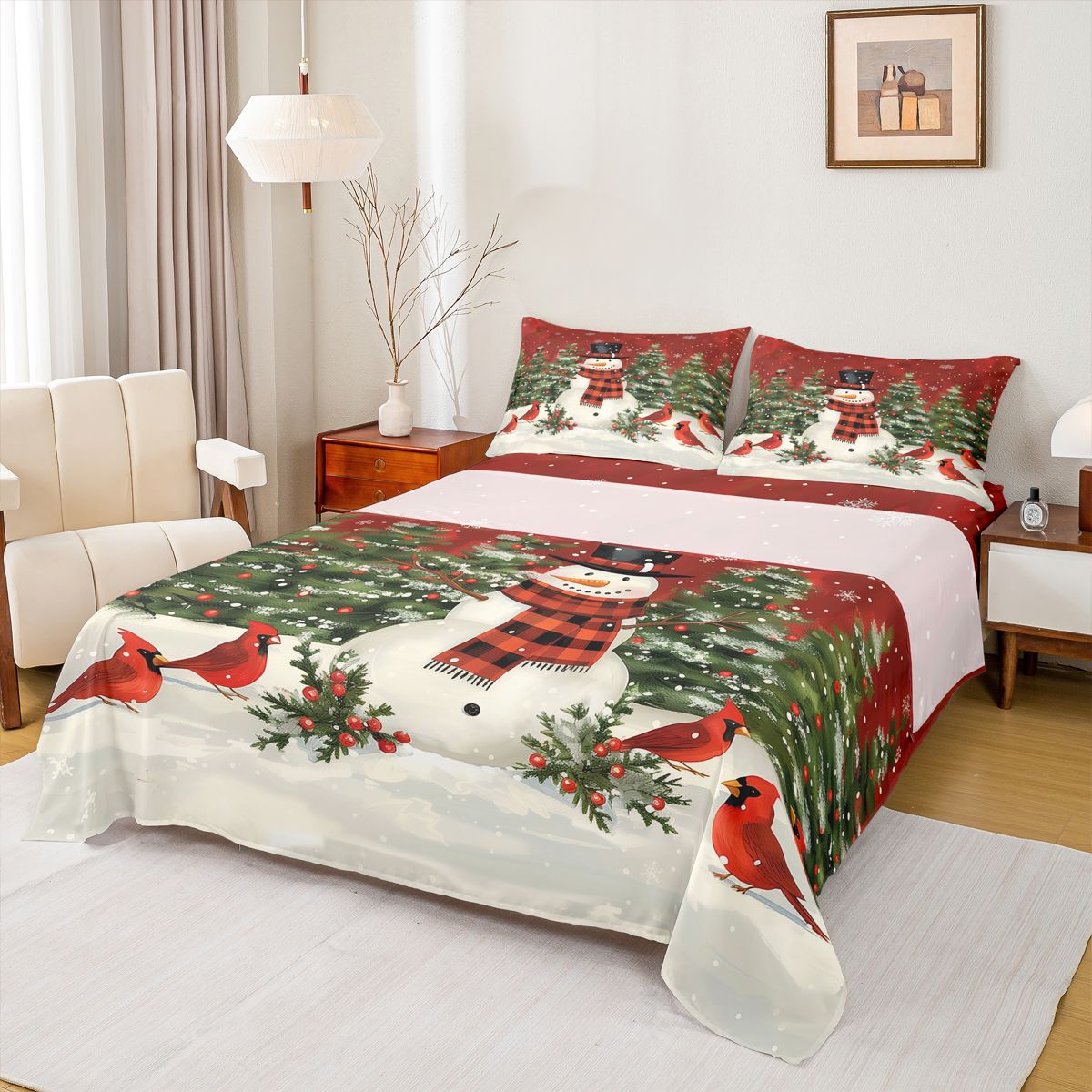 Homewish Red Sparrows Xmas Snowman 4pcs Bed Sheets for Kids Children ...