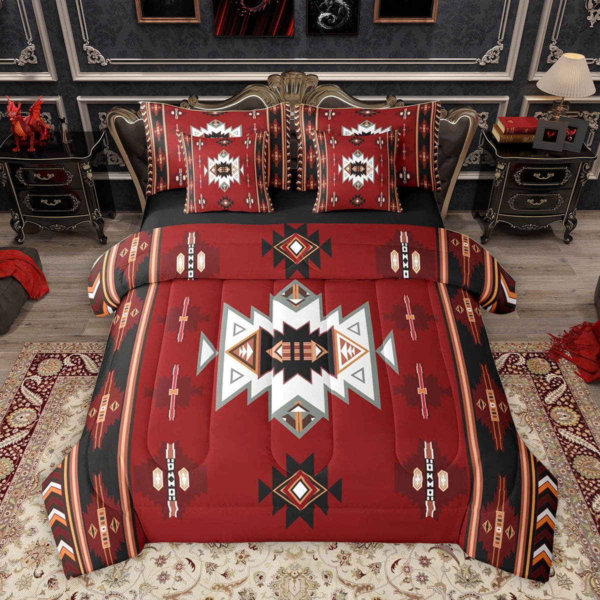 Homewish Red Tribal Aztec Twin Bedding Sets 7-Piece for Adult, Bohemian ...