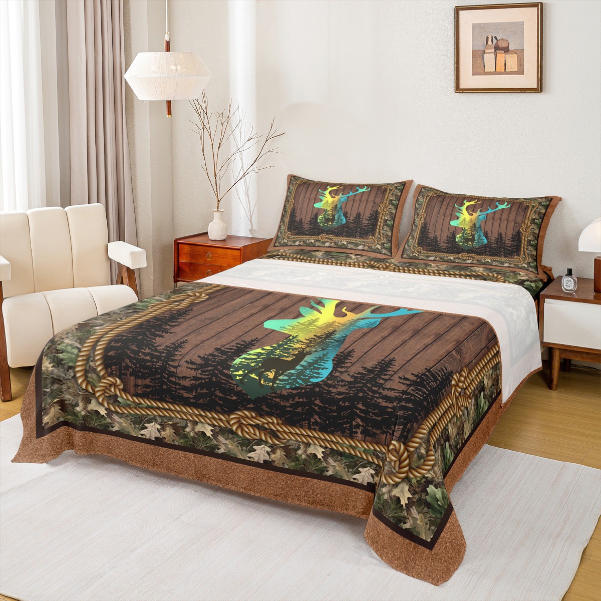 Homewish Reindeer Elk Print Full Size Sheets, Rustic Wooden Plank Bed ...