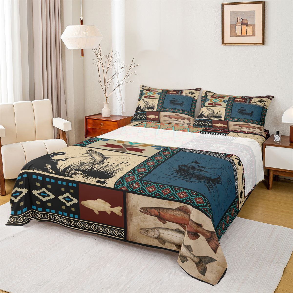 Homewish Retro Aztec Bed Sheets,Pike Fish King Sheets,Rustic Farmhouse ...