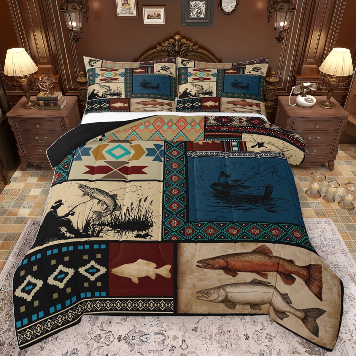 Homewish Retro Aztec Queen Comforter Set,Pike Fish Bedding Sets,Rustic ...