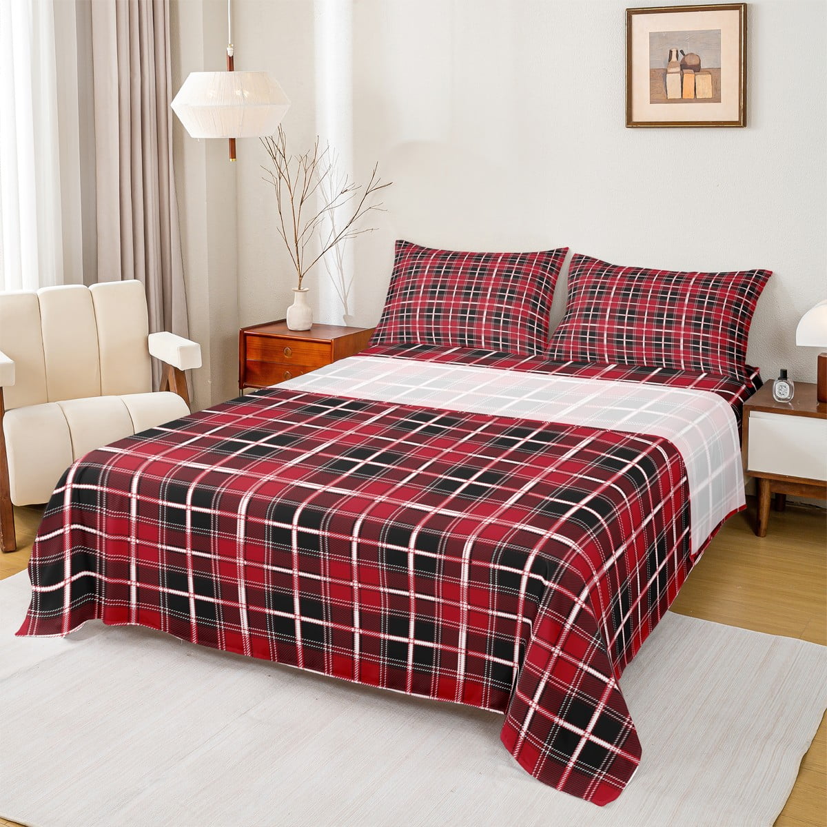Homewish Retro Checkered Plaid Bed Sheets for Kids, Black Red Rectangle ...