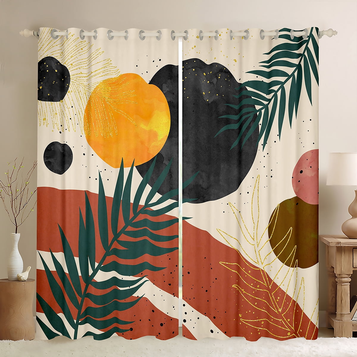 Homewish Retro Geometric Circle Blackout Curtains Set of 2 (52x84 Each ...
