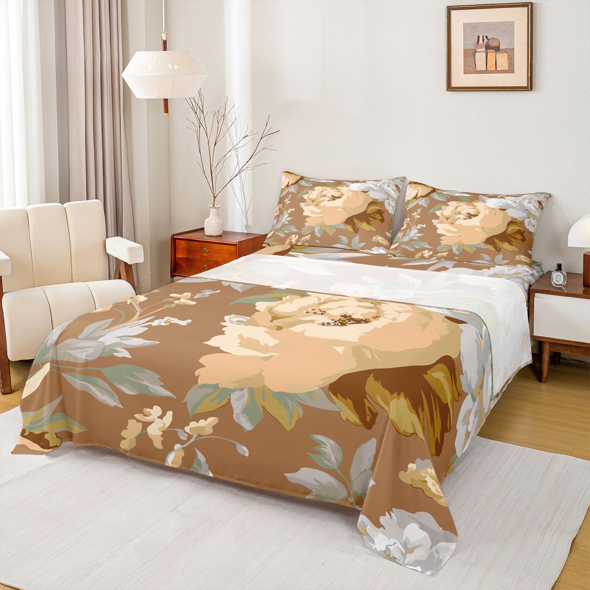 Homewish Retro Gold Flower Full Size Sheets for Female, Rustic ...
