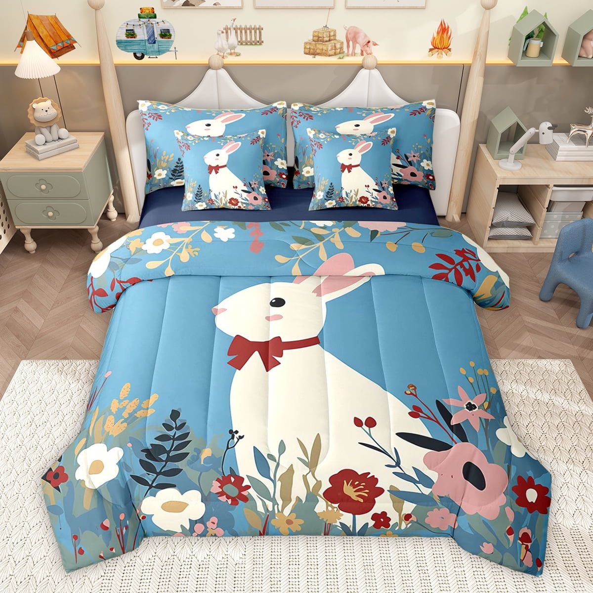 Homewish Retro Kawaii Rabbit Bedding Comforter Set 7 Pieces, Western ...
