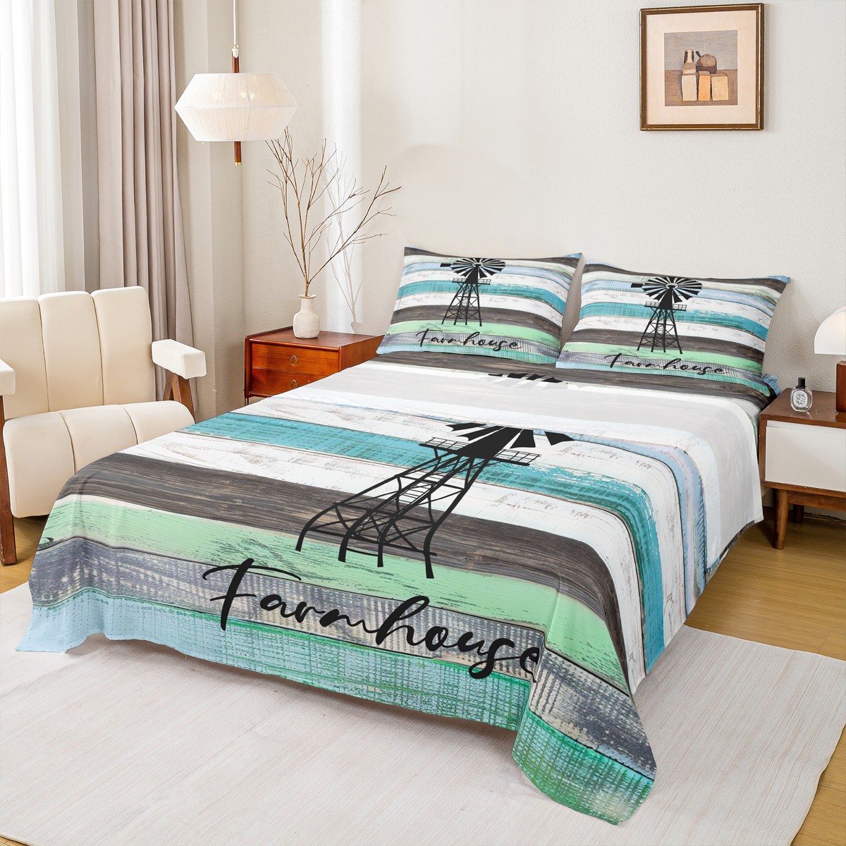Homewish Retro Lake House Bed Sheets for Adult, Blue Green Rustic Cabin ...