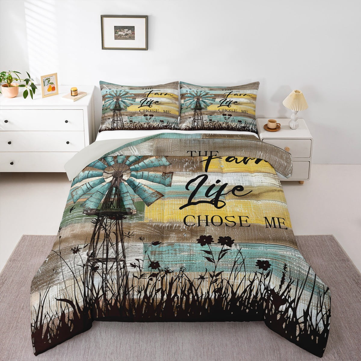 Homewish Retro Lake House Queen Comforter Set for Adult, Yellow Rustic ...
