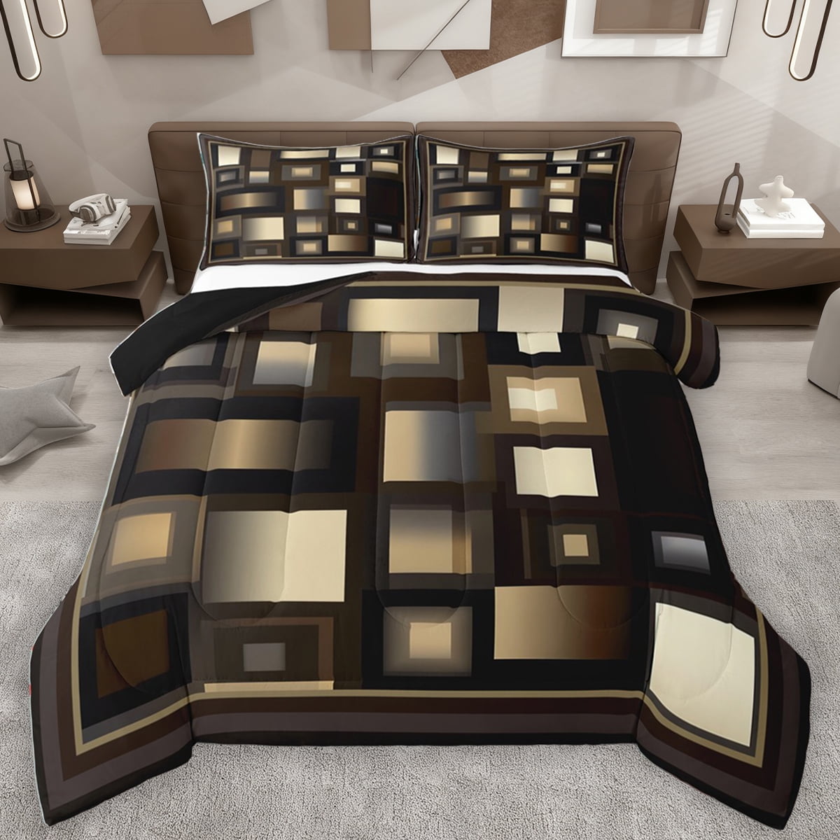 Homewish Retro Plaid Pattern Queen Comforter Set,Modern Geometric Check ...