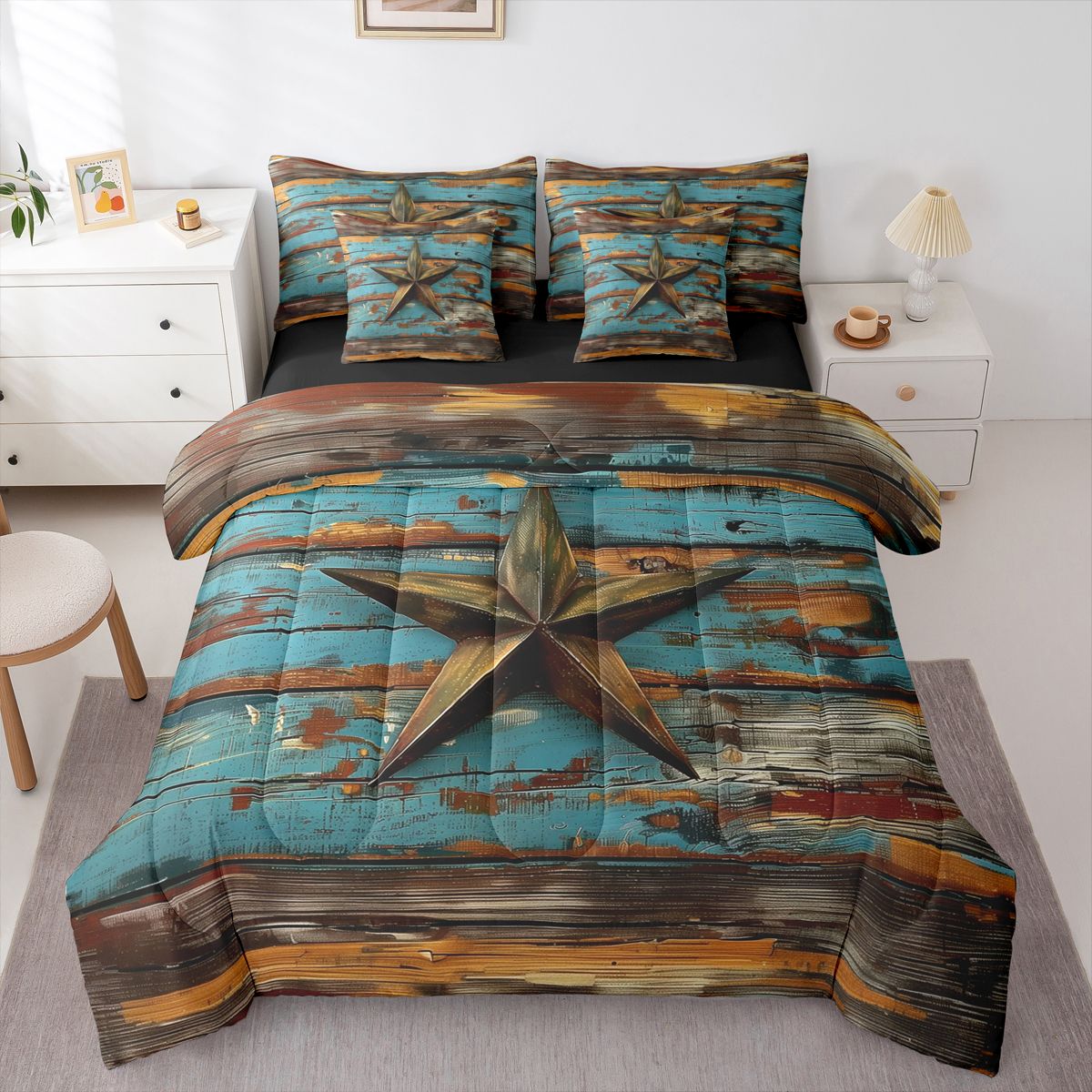 Homewish Retro Texas Stars Bedding Comforter Set 7pcs, Countryside Lake ...