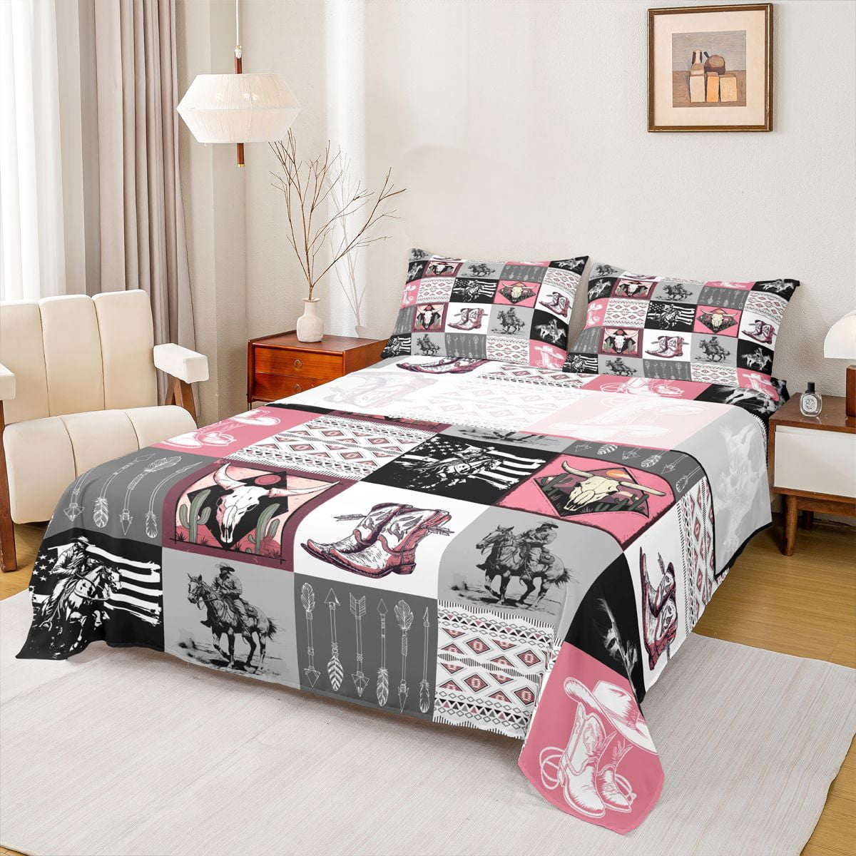 Homewish Retro Western Cowgirl Twin Sheet Sets,Rustic Bull Skull Twin ...