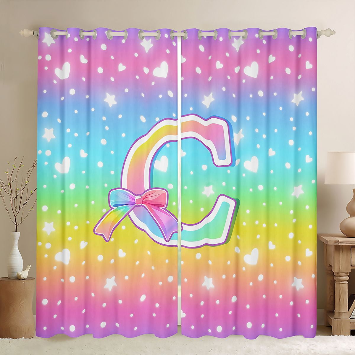 Homewish Ribbon Letter C Blackout Curtains Set of 2 (52x84 Each), Bling ...
