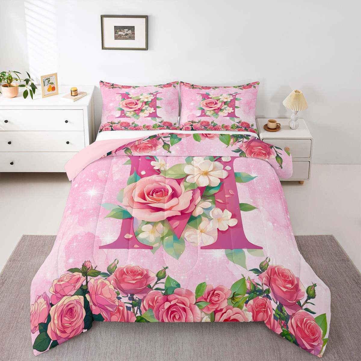 Homewish Romantic Anniversary Rose Bedding Comforter Set, Pink Initial ...