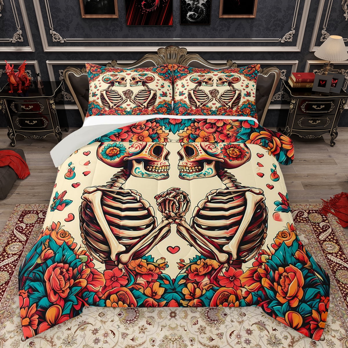 Homewish Romantic Couple Skeleton Bedding Comforter Set, Retro Rustic ...