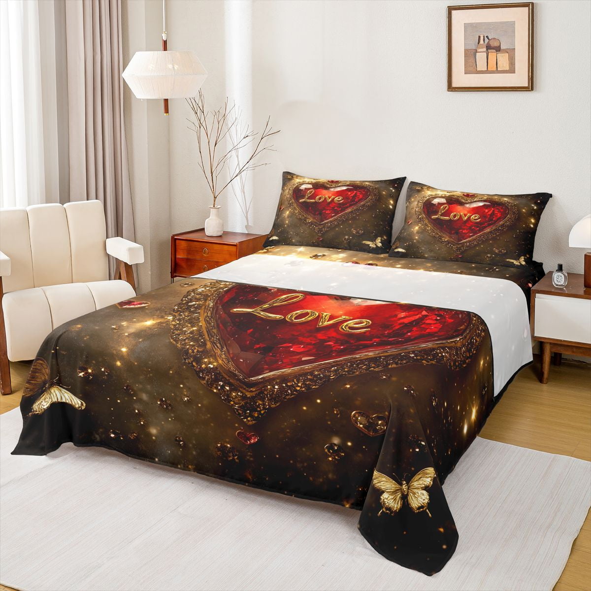 Homewish Romantic Love Heart Bed Sheets, Gold Butterfly Animal King ...