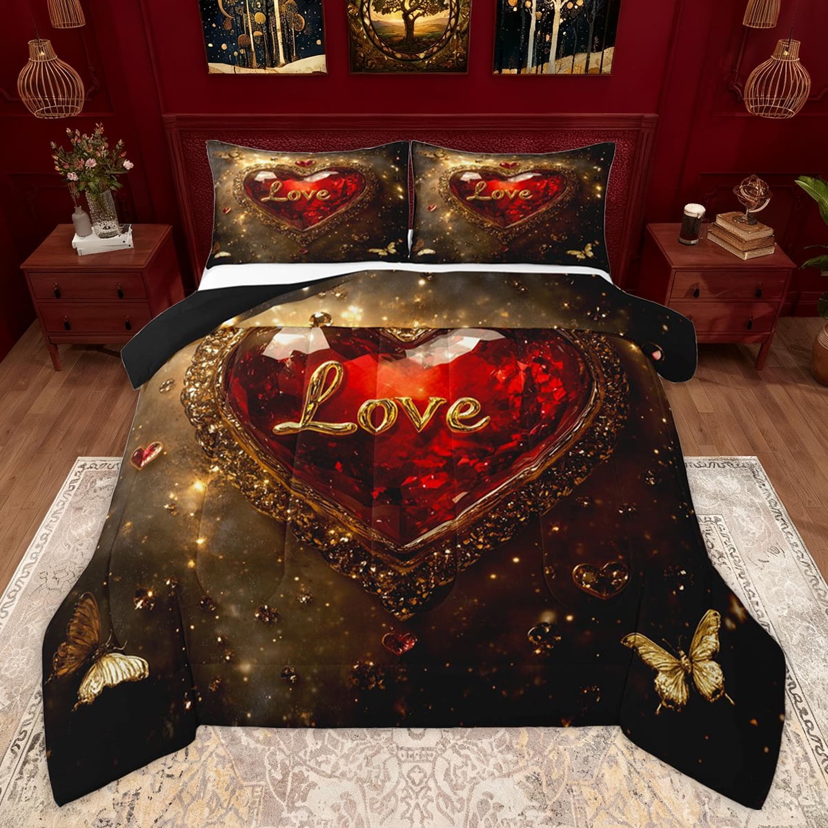 Homewish Romantic Love Heart Bedding Comforter Set, Gold Butterfly ...