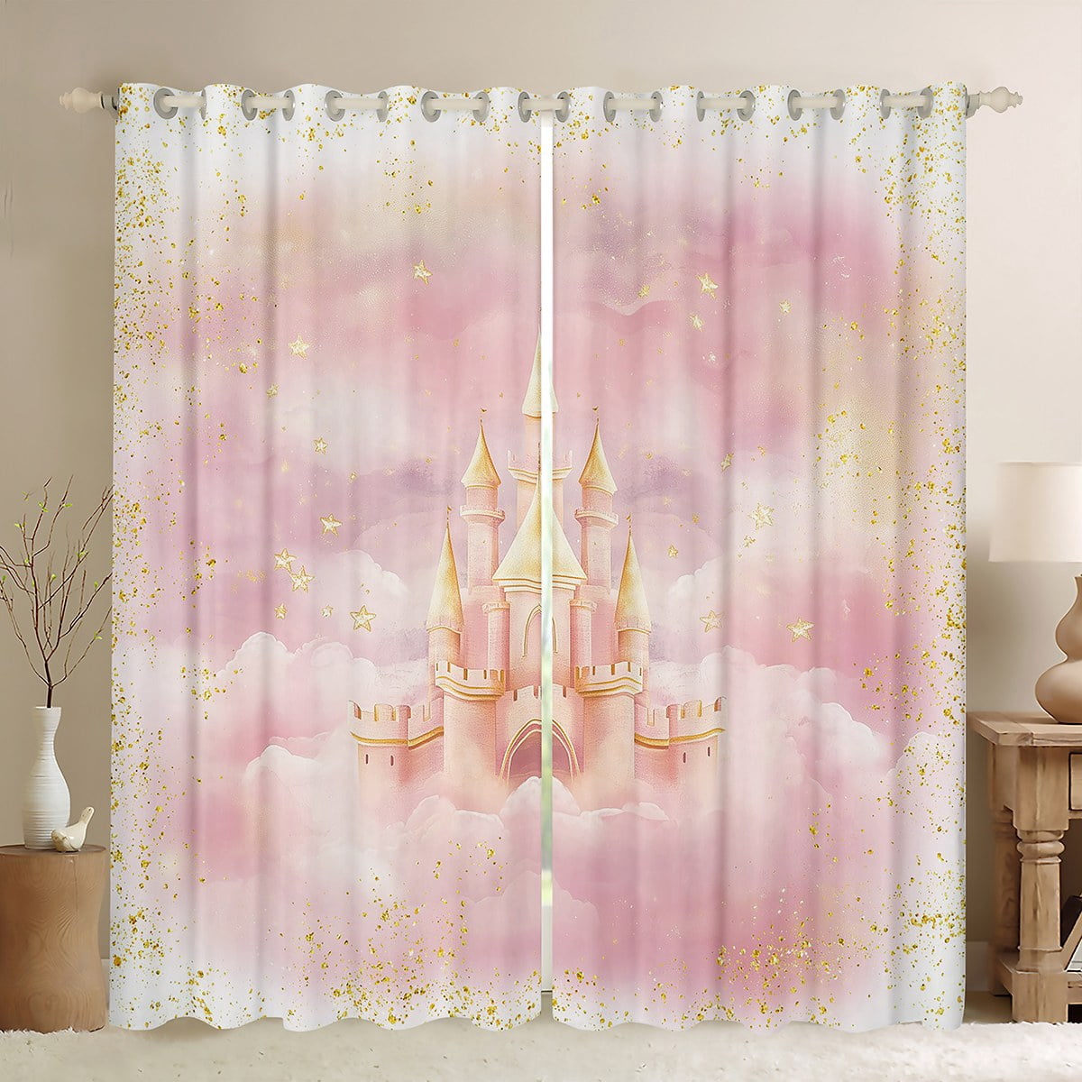 Homewish Romantic Pink Castle Black Out Curtains for Girls, Dreamy ...