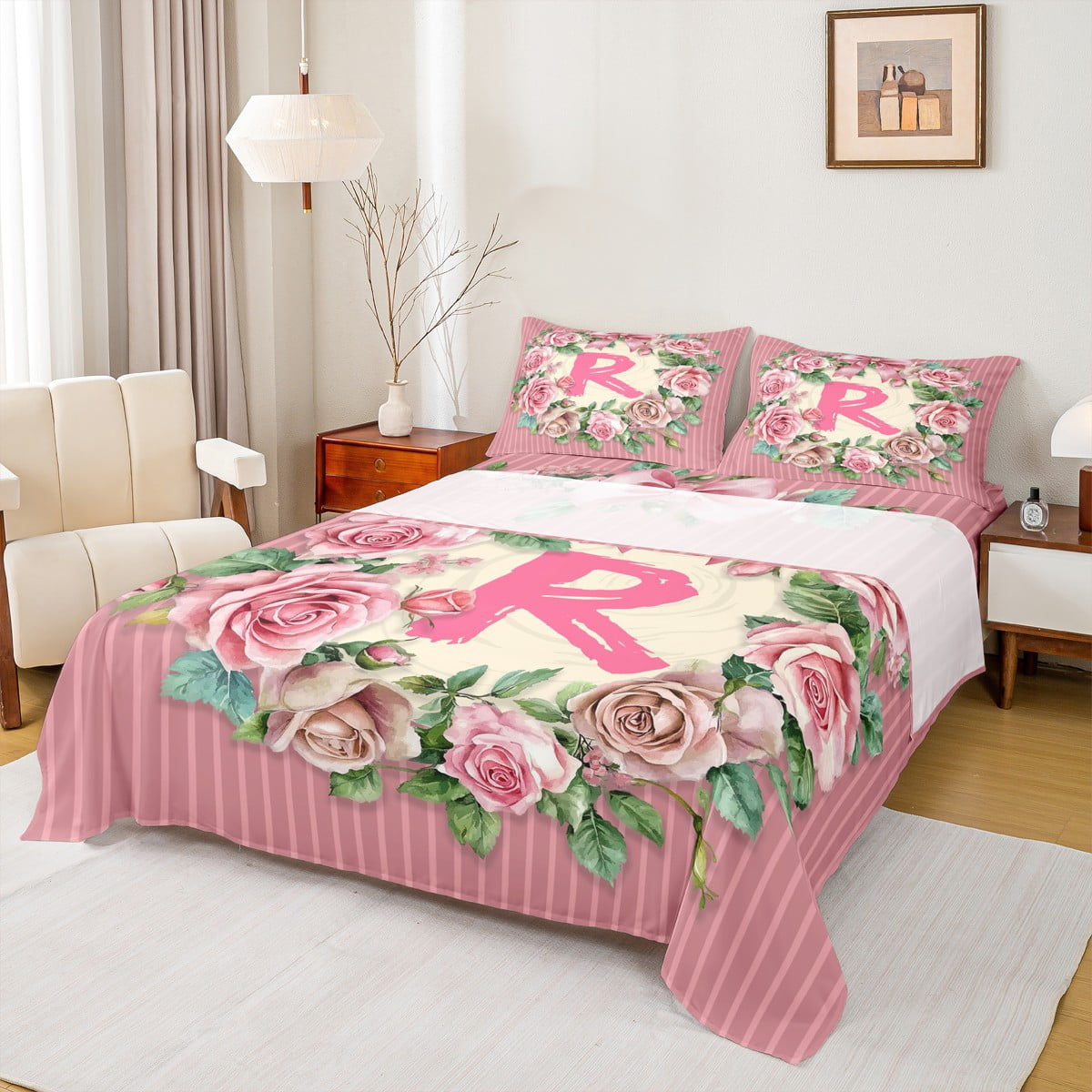 Homewish Romantic Rose Flower Bed Sheets for Teens, Initial R Letter ...