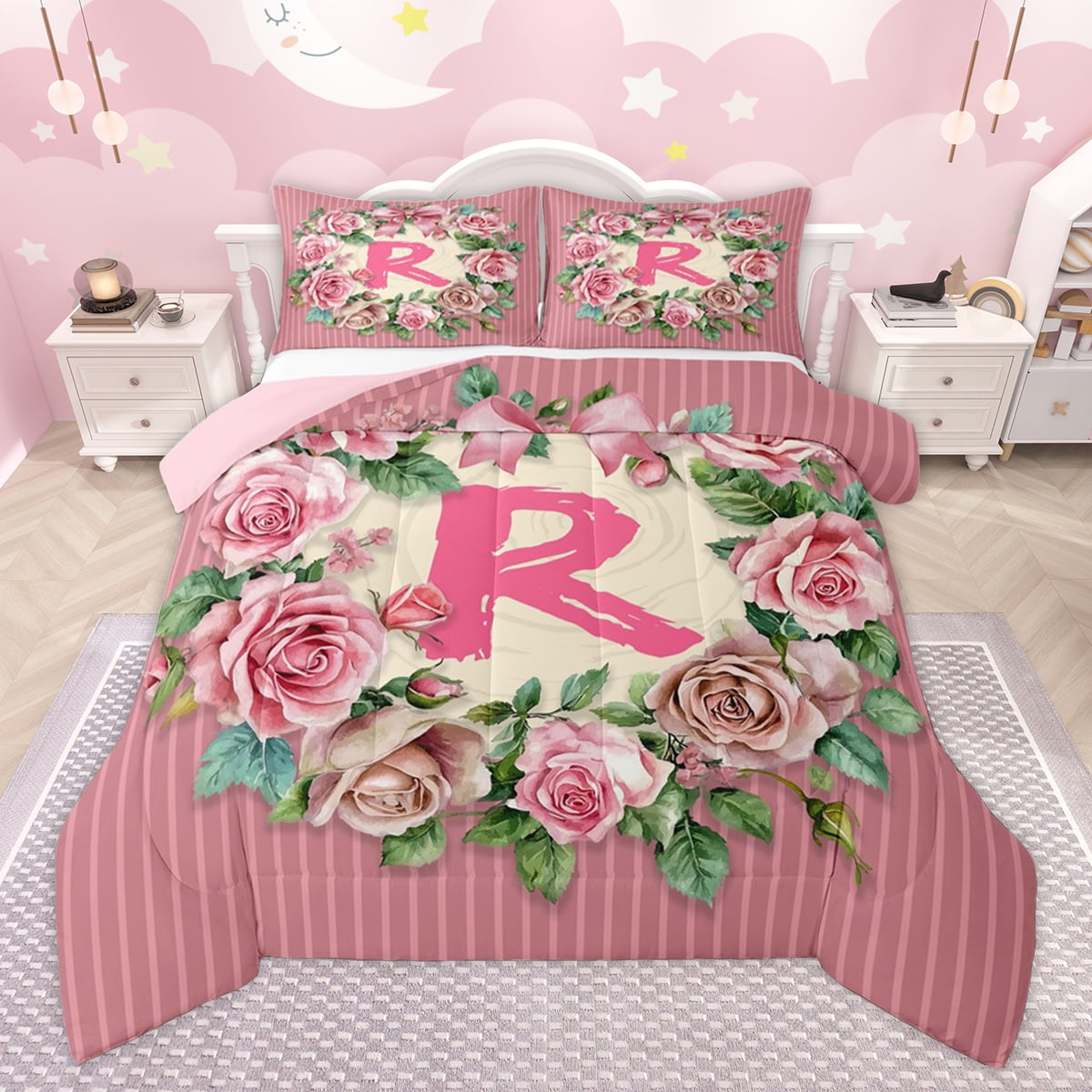 Homewish Romantic Rose Flower Queen Comforter Set for Teens, Initial R ...