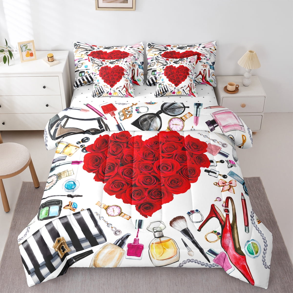 Homewish Romantic Rose Love Heart 7-Piece Bedding Comforter Set for ...