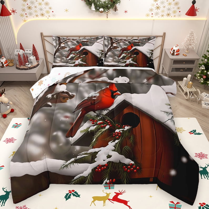 Homewish Rustic Bird Robin Bedding Comforter Set, Winter Christmas Twin ...