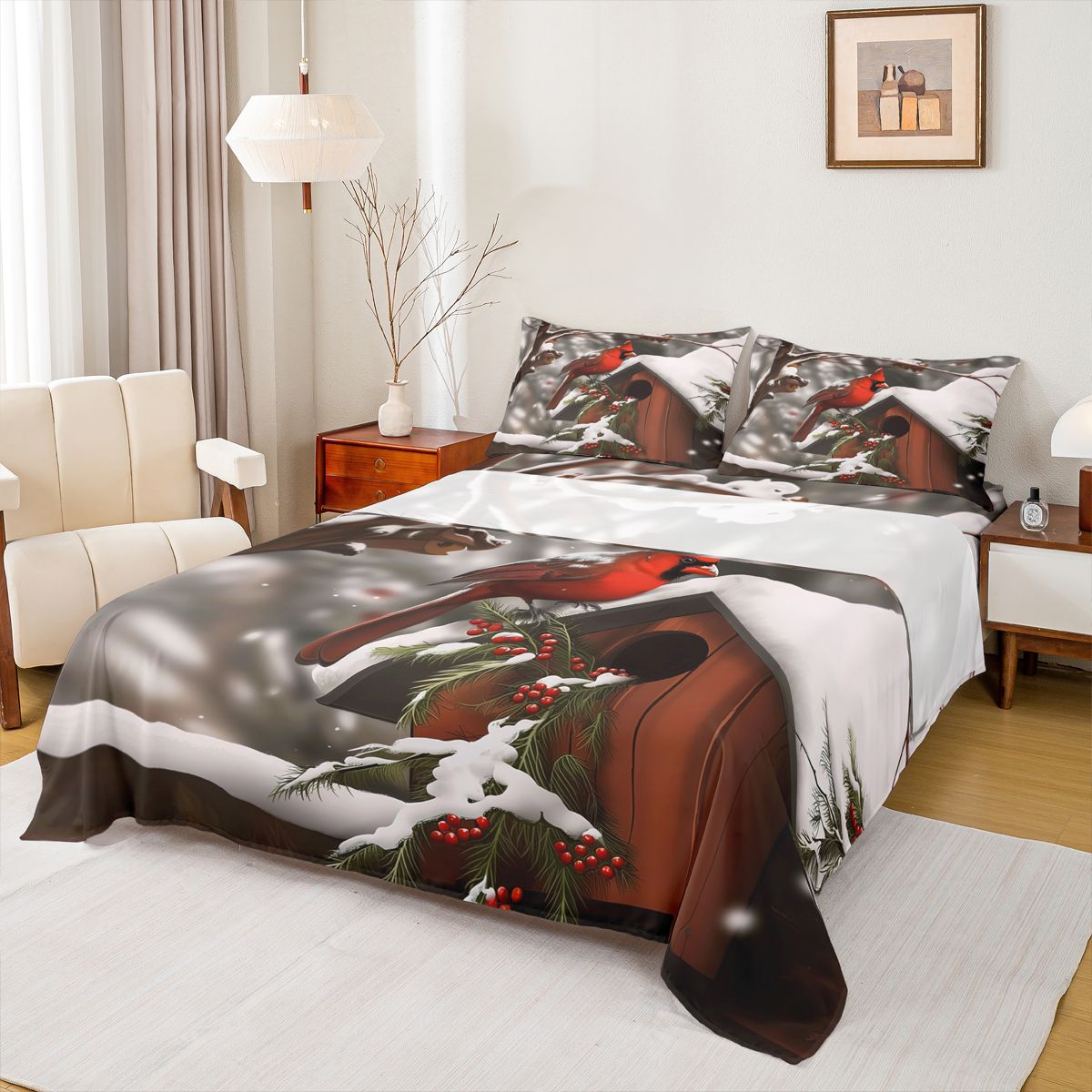 Homewish Rustic Bird Robin Full Size Sheets, Winter Christmas Bed ...