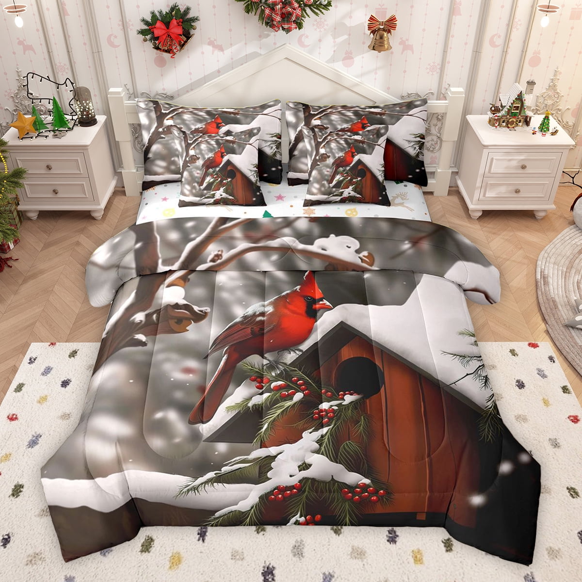Homewish Rustic Bird Robin Twin Bedding Sets 7-Piece, Winter Christmas ...