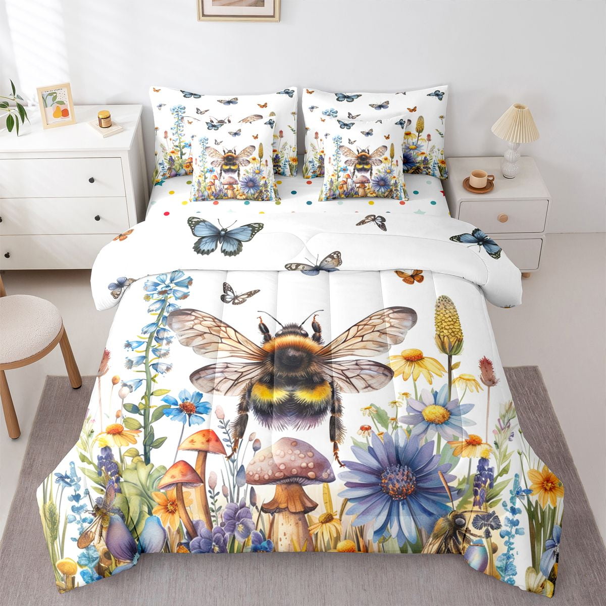 Homewish Rustic Cartoon Bee Bedding Comforter Set 7pcs, Jungle Mushroom ...