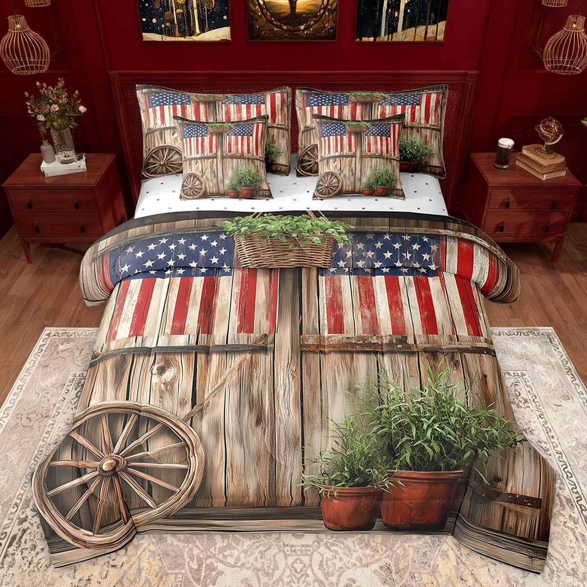 Homewish Rustic Farmhouse Bedding Comforter Set 7pcs, US Flag Wooden ...
