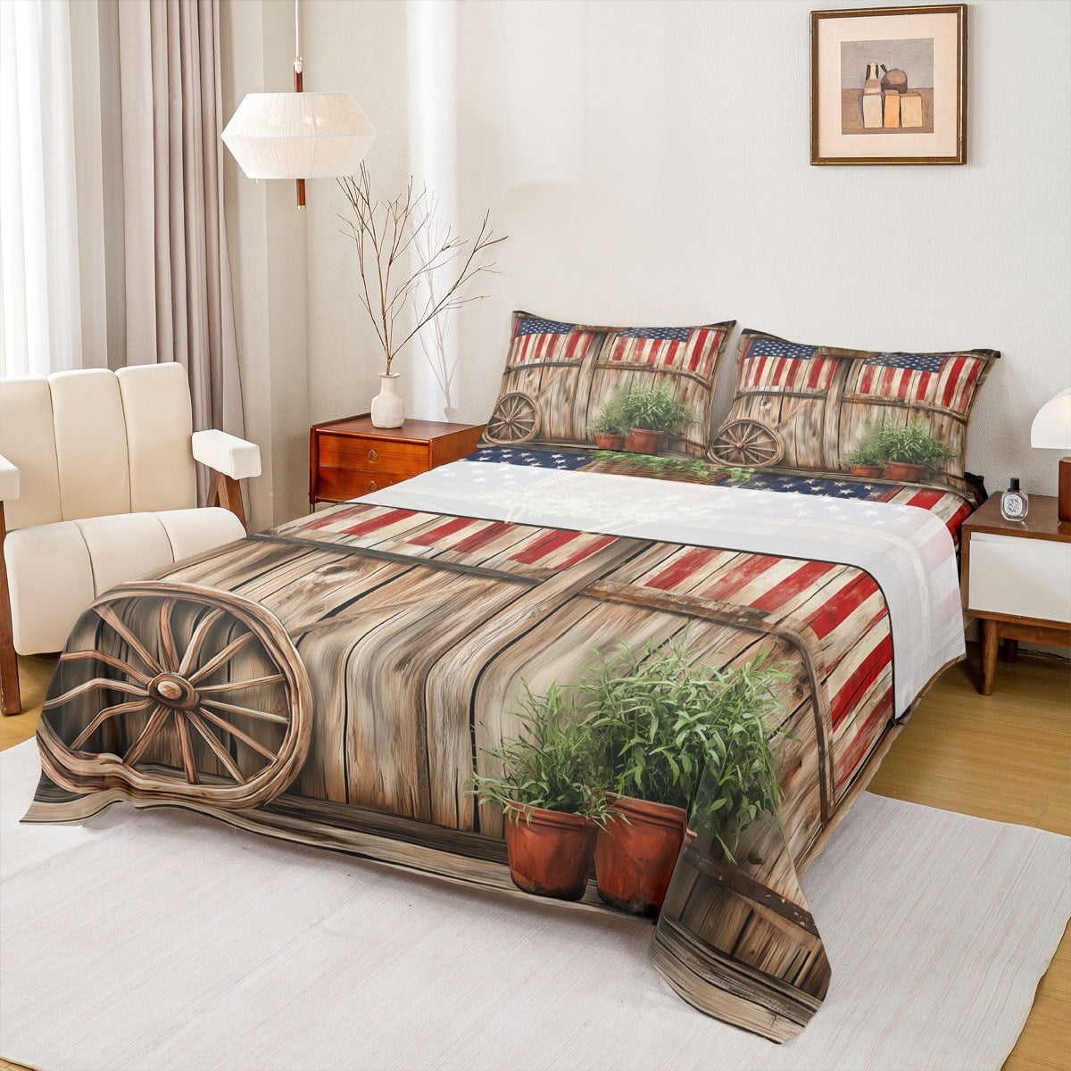 Homewish Rustic Farmhouse Full Size Sheets, US Flag Wooden Plank Bed ...