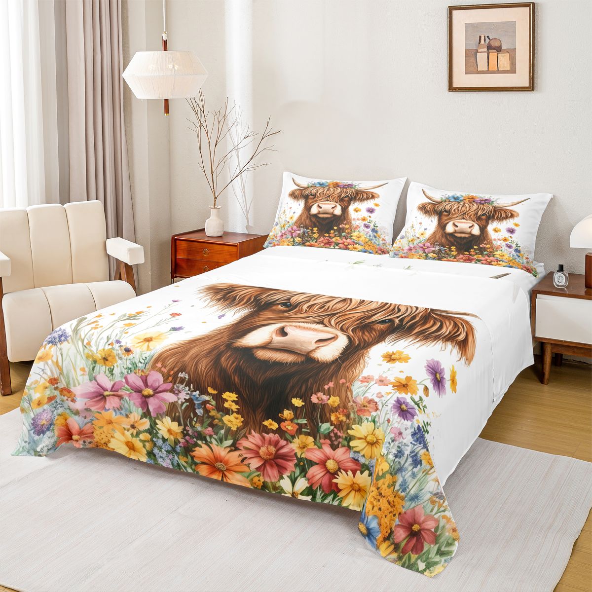 Homewish Rustic Highland Bull Bed Sheets, Groovy Daisy Flower King ...