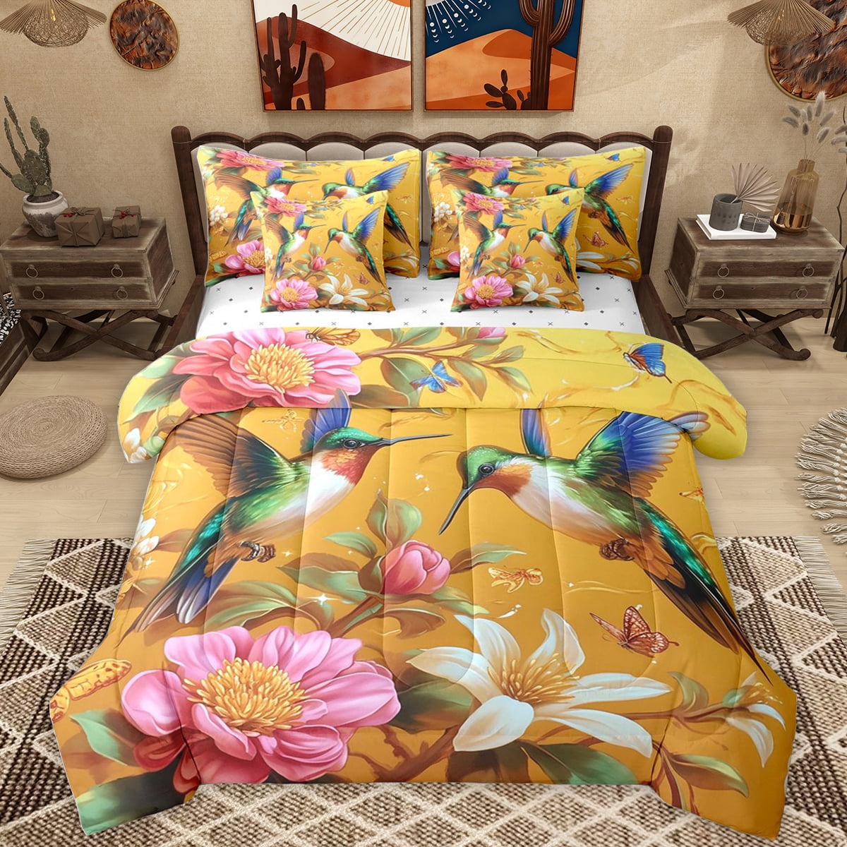 Homewish Rustic Hummingbird 7pcs Bedding Comforter Set,Retro Flower ...