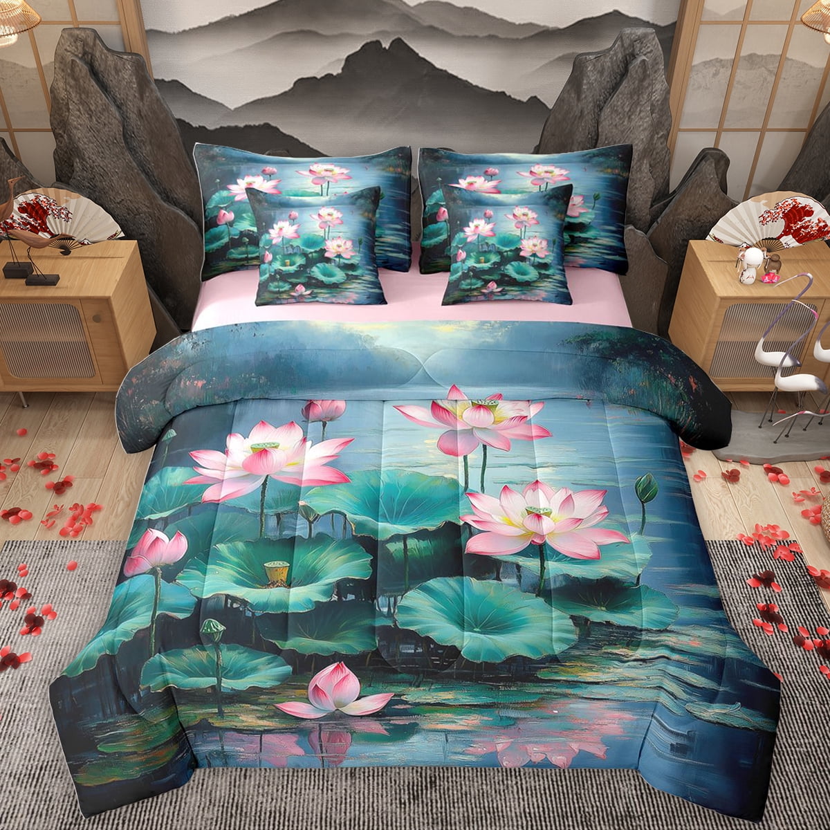Homewish Rustic Lotus 7pcs Bedding Comforter Set,Country Lotus Leaves ...