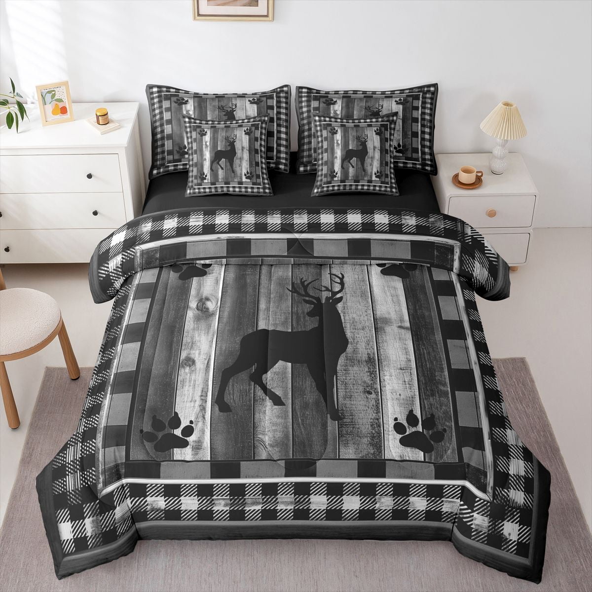 Homewish Rustic Moose Deer Bedding Comforter Set 7pcs for Adult, Grey ...