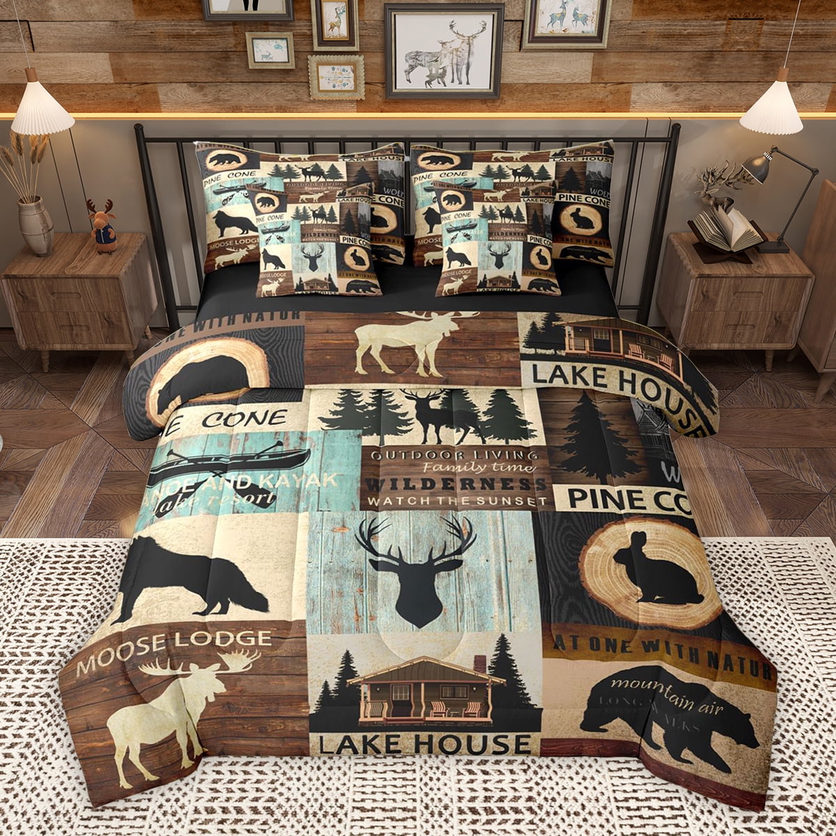 Homewish Rustic Moose Lodge Bedding Comforter Set 7 Pieces, Western ...
