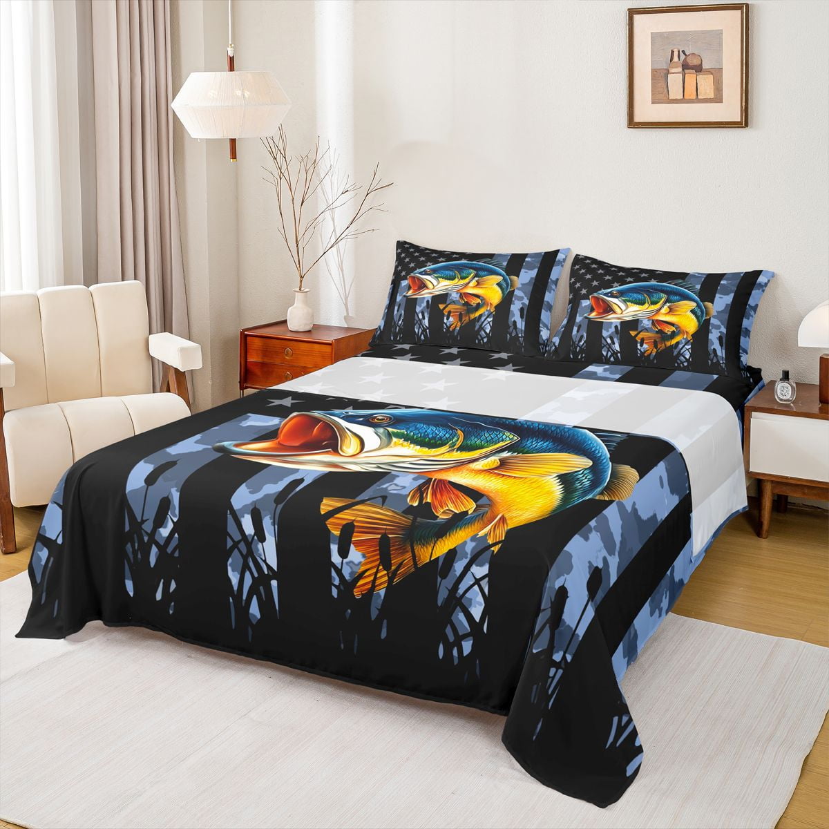 Homewish Rustic Pike Fish Bed Sheets, Vintage American Flag King Sheets ...