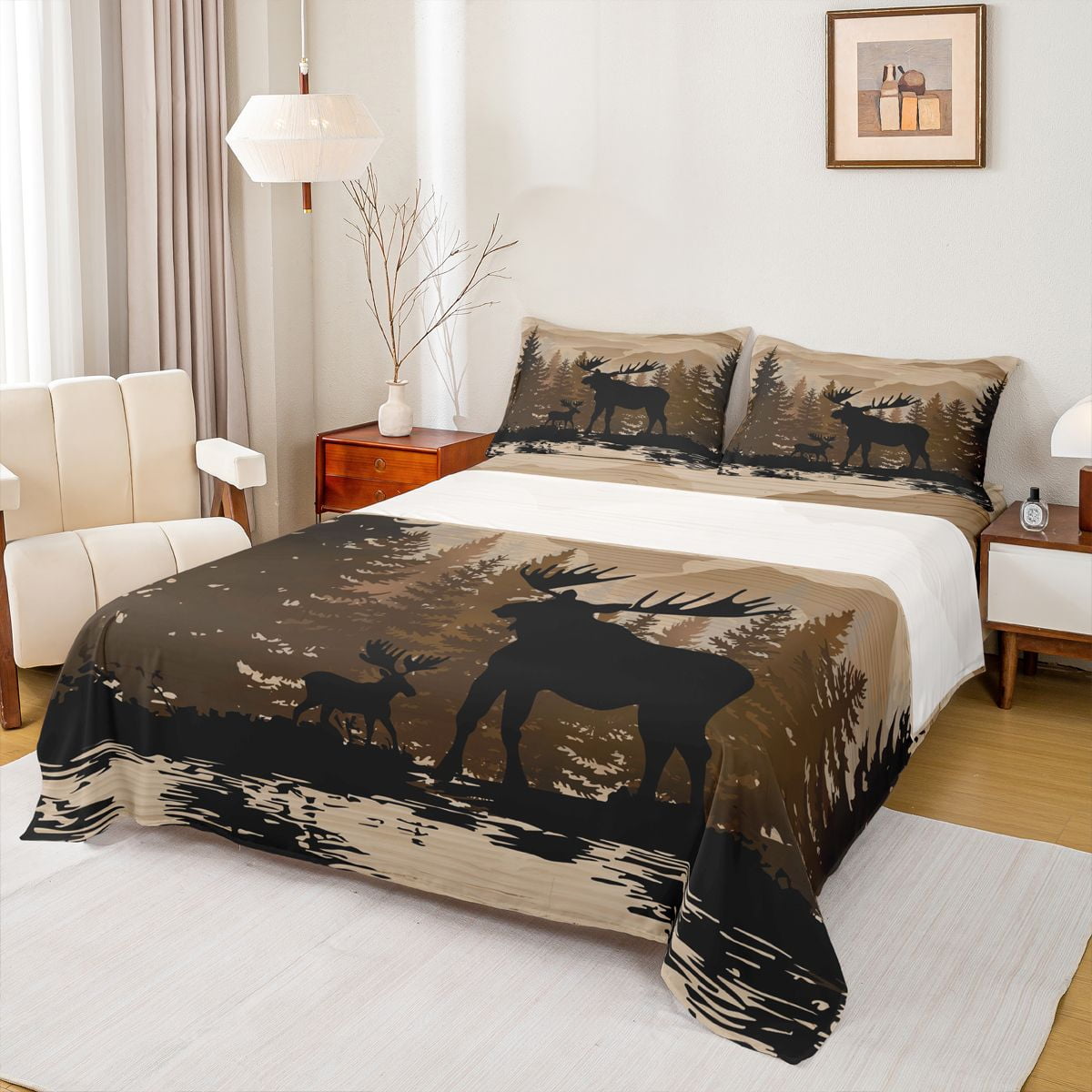 Homewish Rustic Reindeer Elk Full Size Sheets, Woodland Wildlife Bed ...