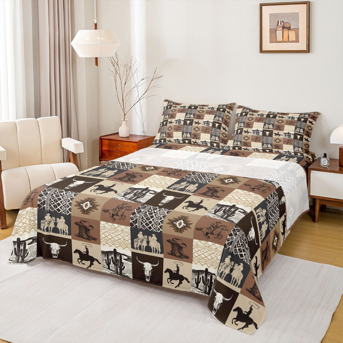 Homewish Rustic Western Cowboy Queen Sheet Sets,Retro Bbull Skull Flat ...