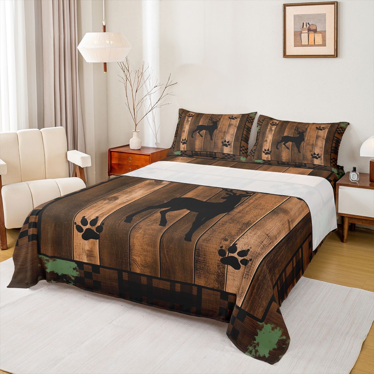 Homewish Rustic Wildlife Deer Full Size Sheets for Adult, Brown Wooden ...