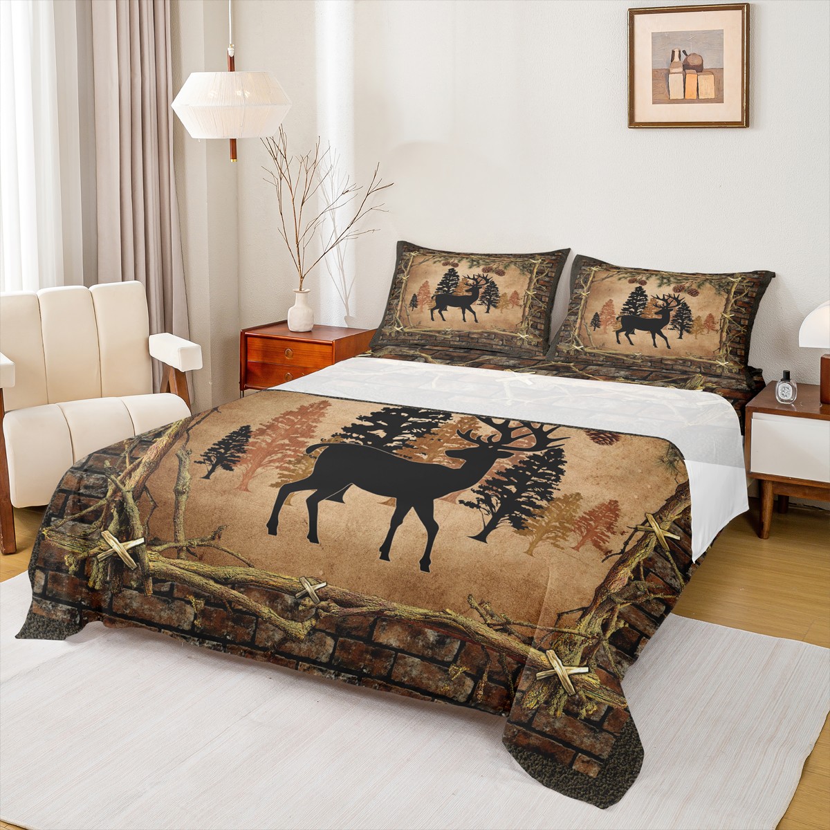 Homewish Safari Deer Elk Full Size Sheets,Rustic Plant Pine Bed Sheets ...