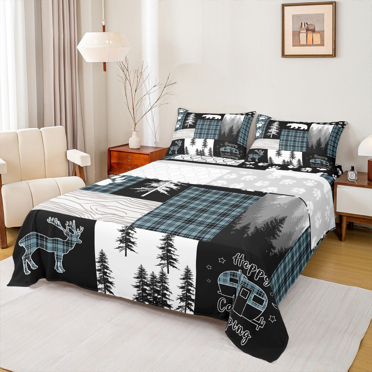 Homewish Safari Deer Silhouette Full Size Sheets,Rustic Plant Pine Tree ...