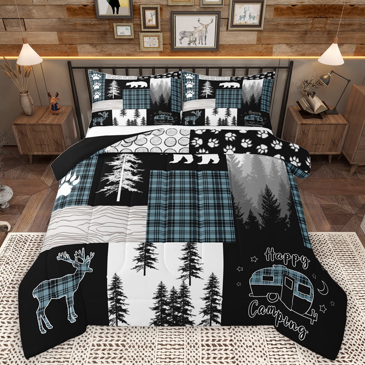 Homewish Safari Deer Silhouette Queen Comforter Set,Rustic Plant Pine ...